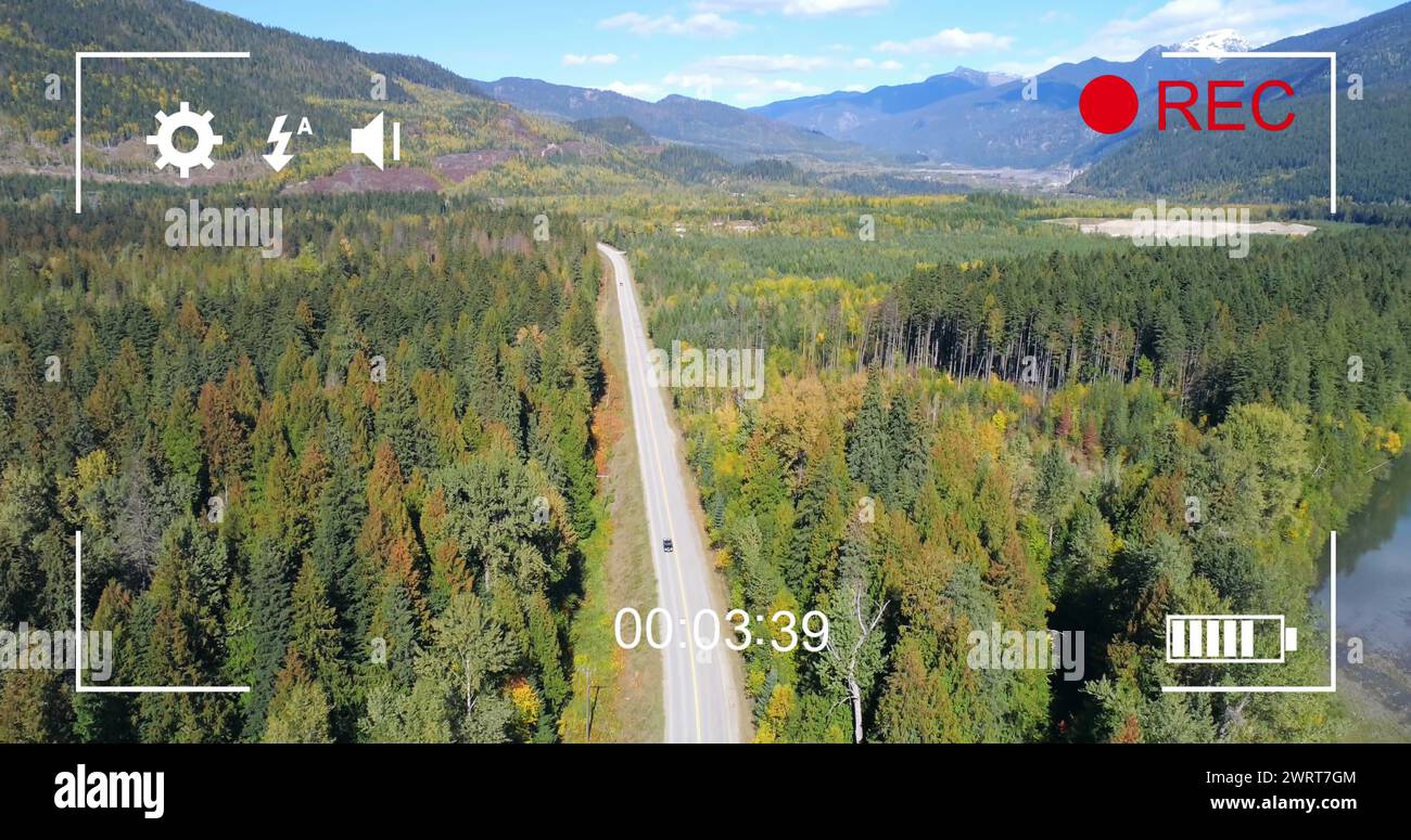 Aerial traffic view on a countryside road displayed on a camera in 4k ...