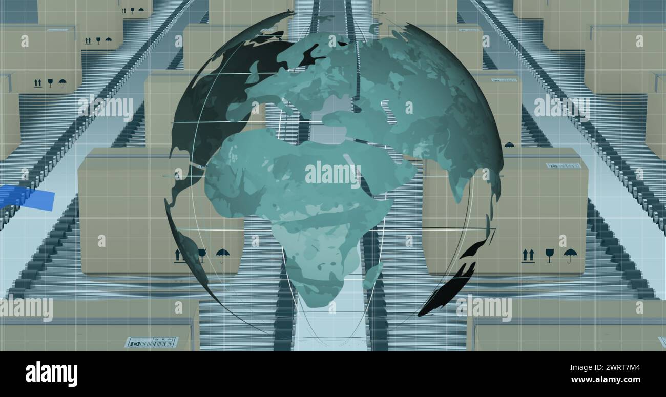 Image of blue lines processing and globe spinning over cardboard boxes ...