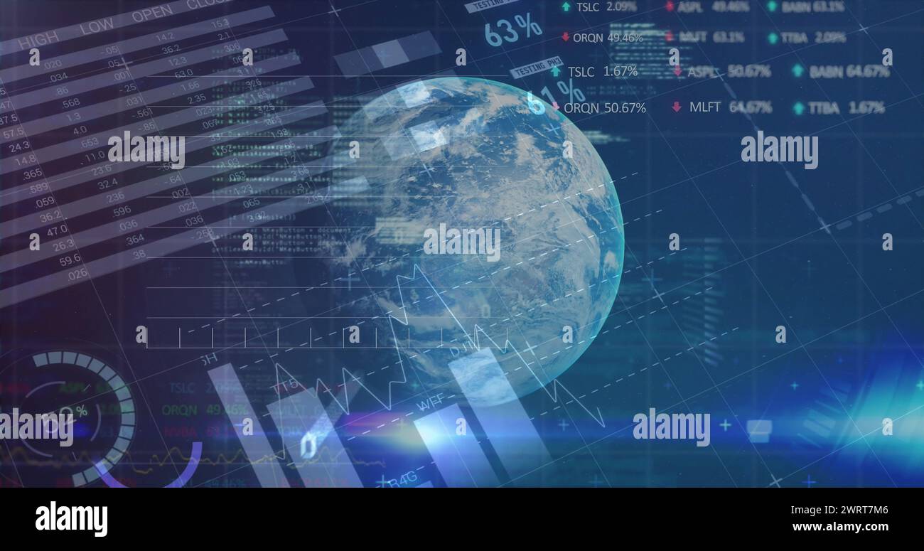Digital composite of global financial network with graphs and data on a ...