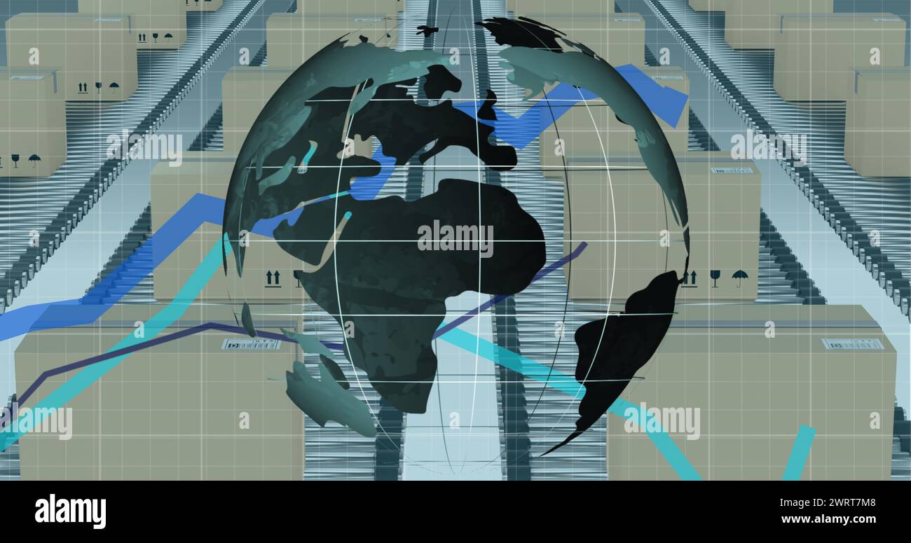 Image of blue lines processing and globe spinning over cardboard boxes ...