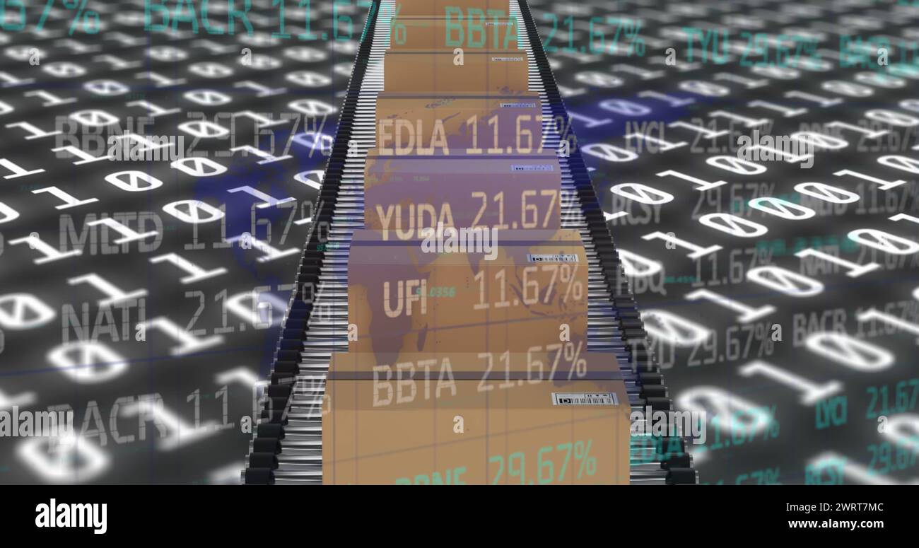 Image Of Binary Coding And Financial Data Processing Over Cardboard Boxes On Conveyor Belt Stock