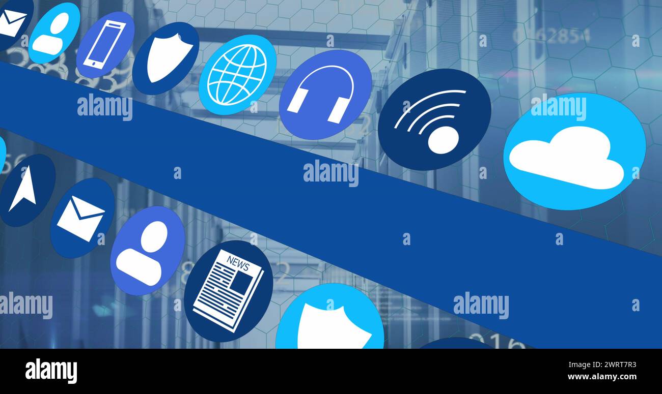 Image of media icons over server room Stock Photo - Alamy