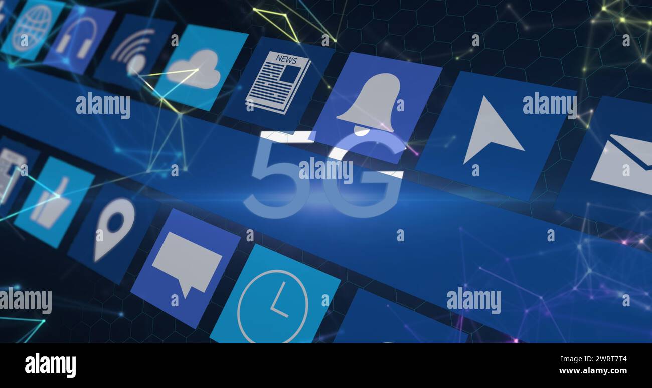 Image of 5g text, digital social media icons and data processing on ...