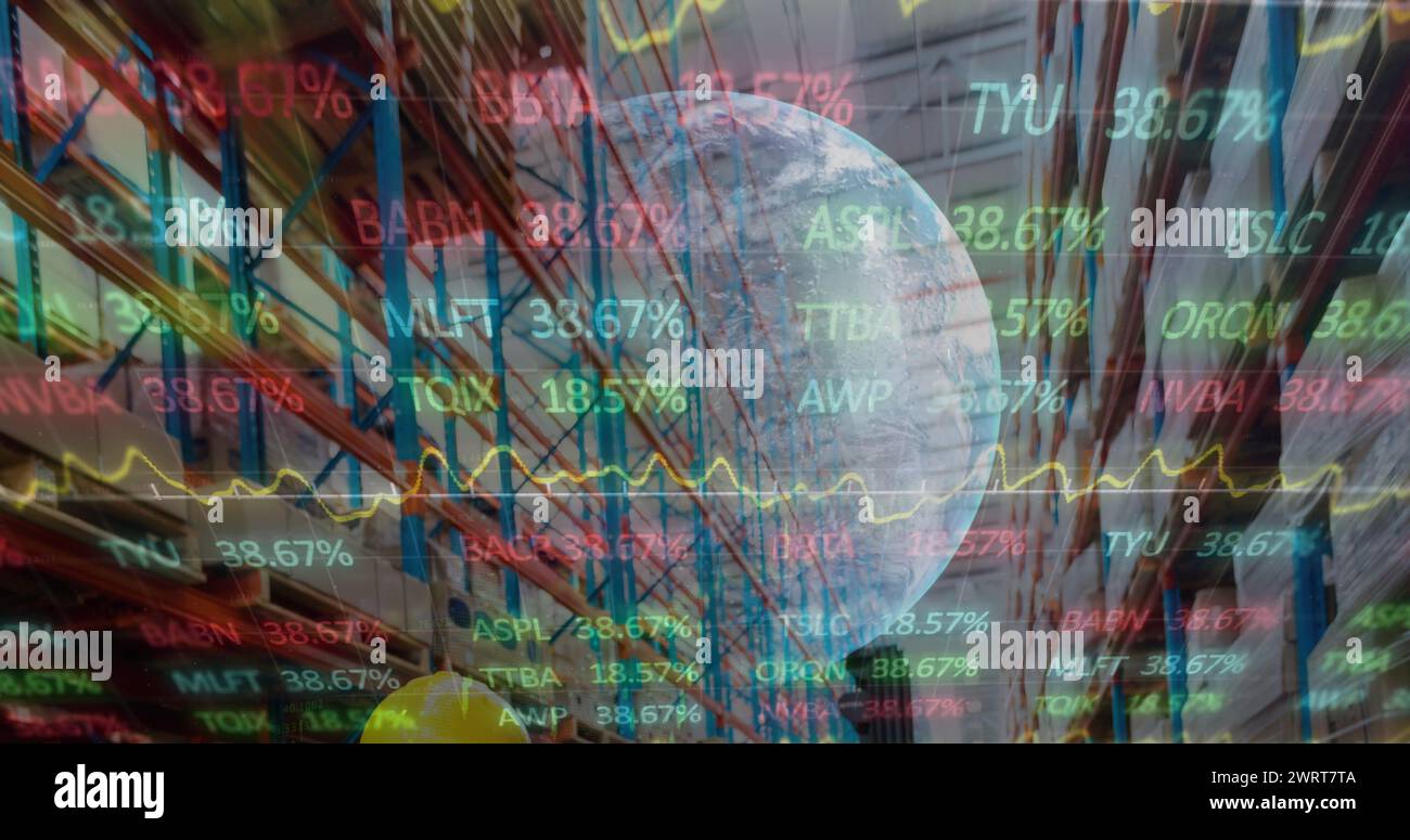 Image of stock market and globe over empty warehouse Stock Photo - Alamy