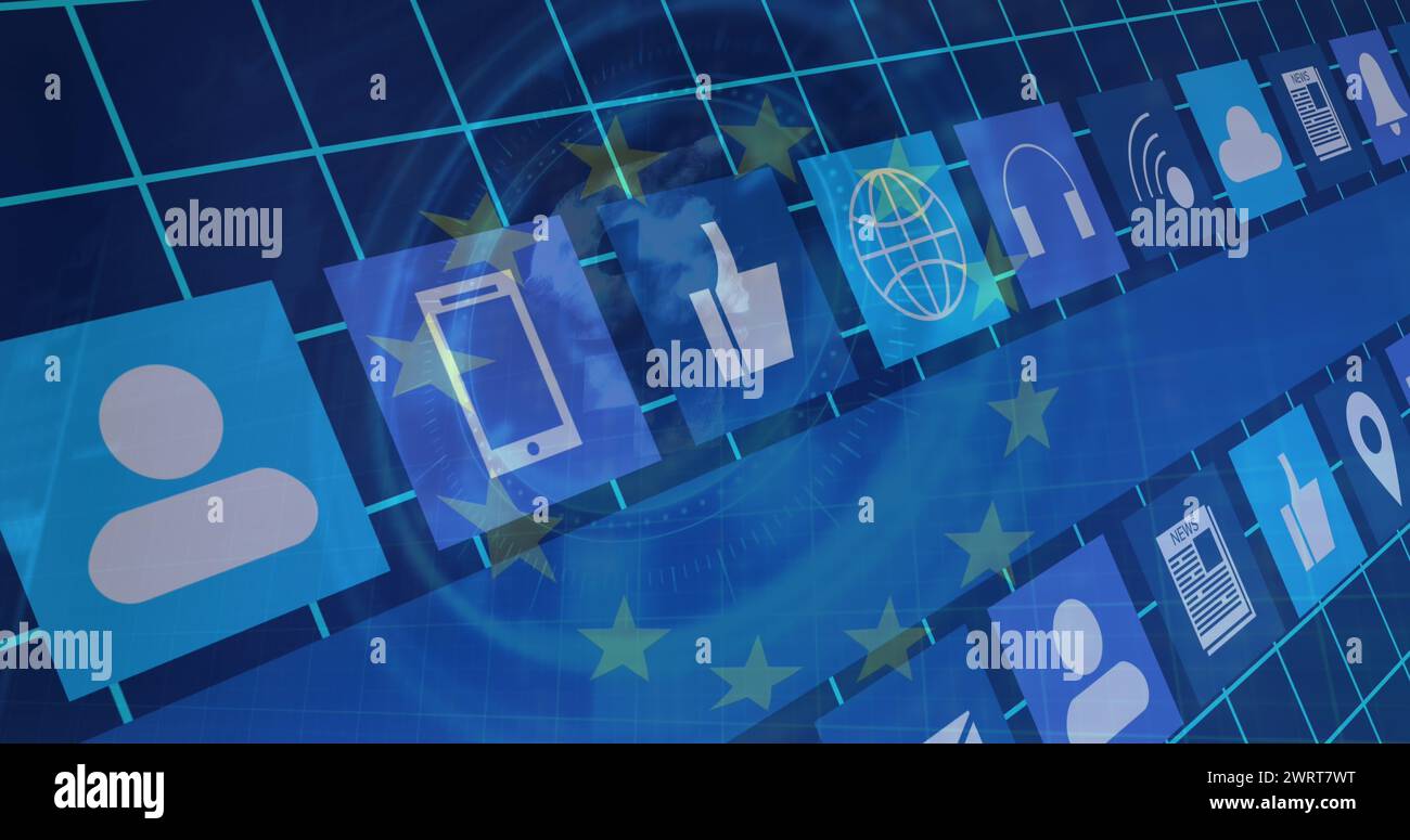Image of european union flag, digital social media icons and data ...