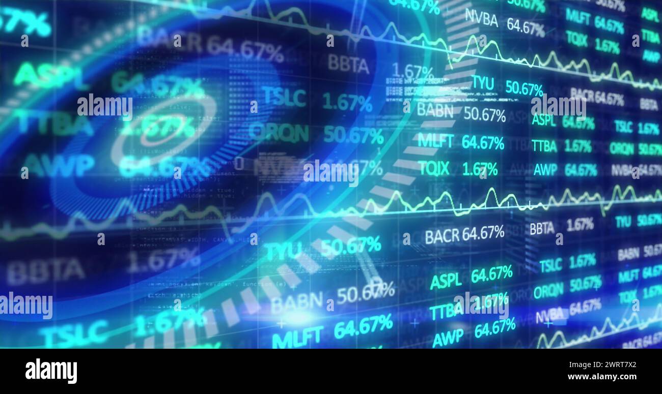 Digital Image Of Stock Market Data Processing Over Neon Round Scanner
