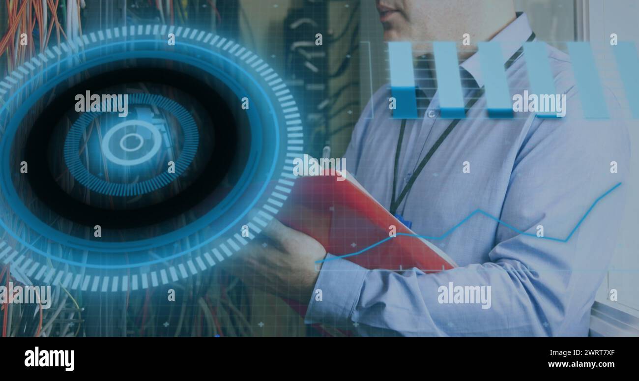 Image Of Interface With Data Processing Over Caucasian Male Engineer Working At Server Room