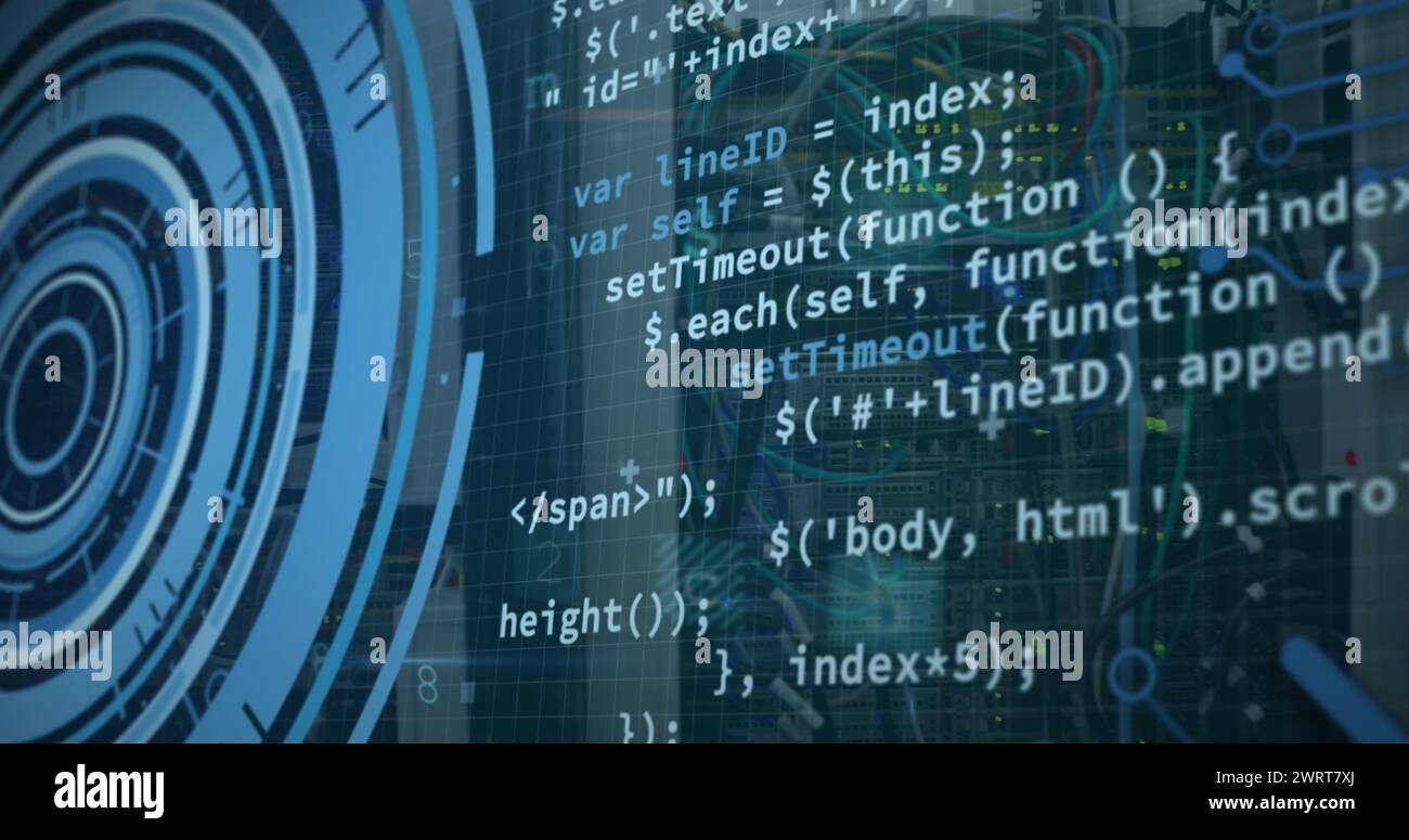 Image Of Interface With Data Processing And Round Scanner Over Close Up Of A Computer Server