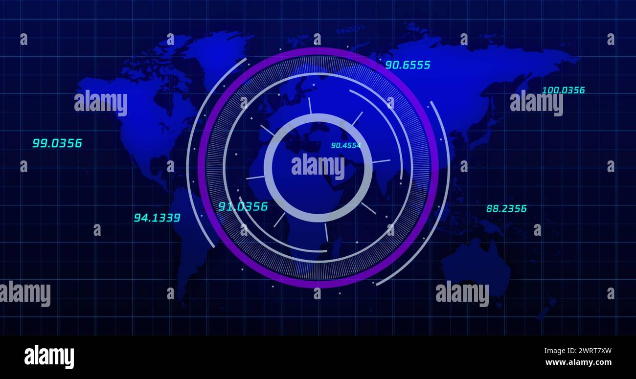 Round scanner and multiple numbers floating over world map against blue ... Round scanner and multiple numbers floating over world map against blue ...