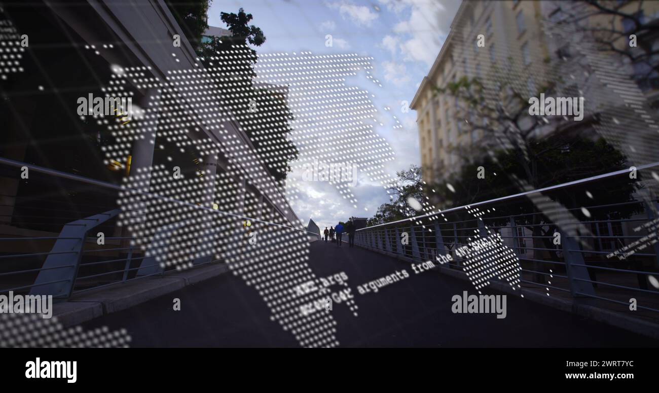 Image of world map and processing data over pedestrians crossing bridge ...