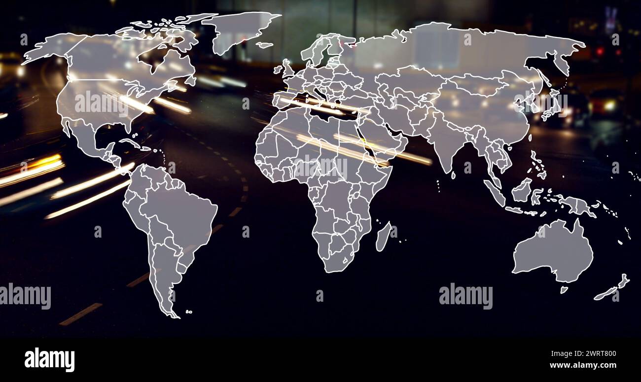 Image of world map over fast speed traffic on city road at night Stock ...