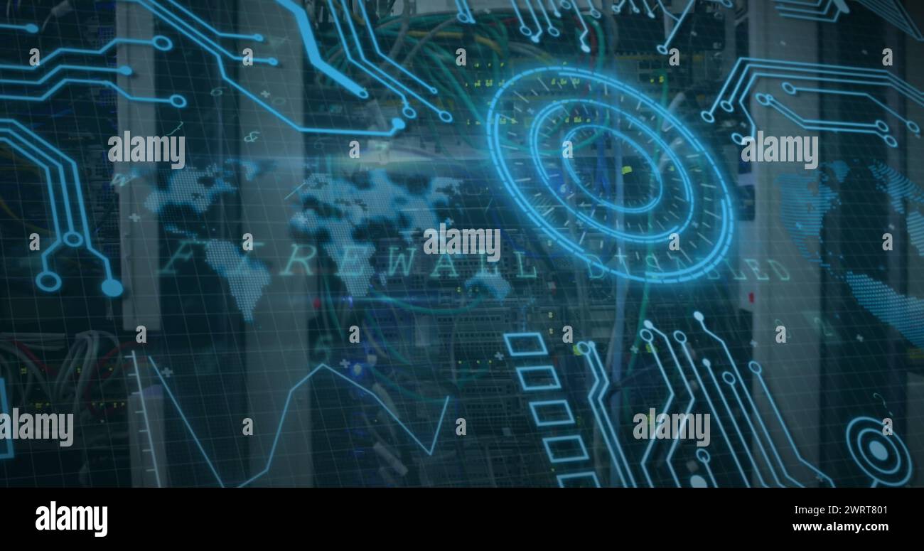 Image Of Interface With Data Processing And Round Scanner Over Close Up Of A Computer Server