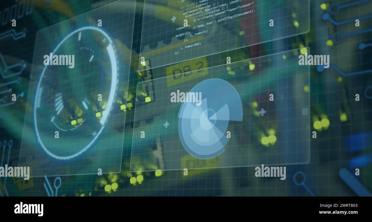 Image of interface with data processing and round scanner over close up of a computer server ...
