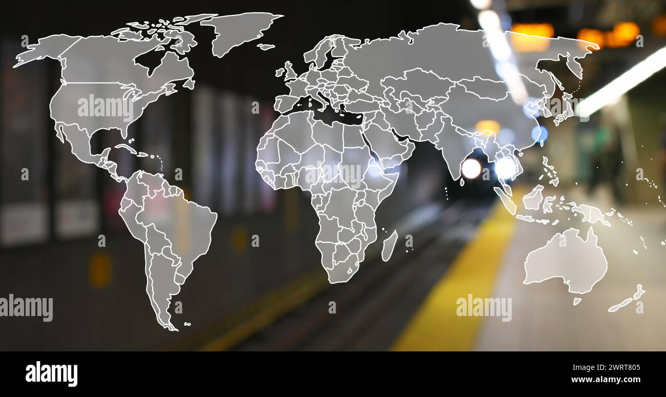 Image of world map over underground train arriving at metro station ...