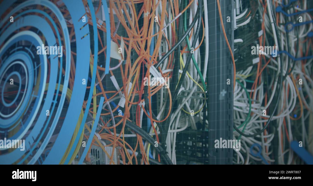 Image of interface with data processing and round scanner over close up of a computer server ...