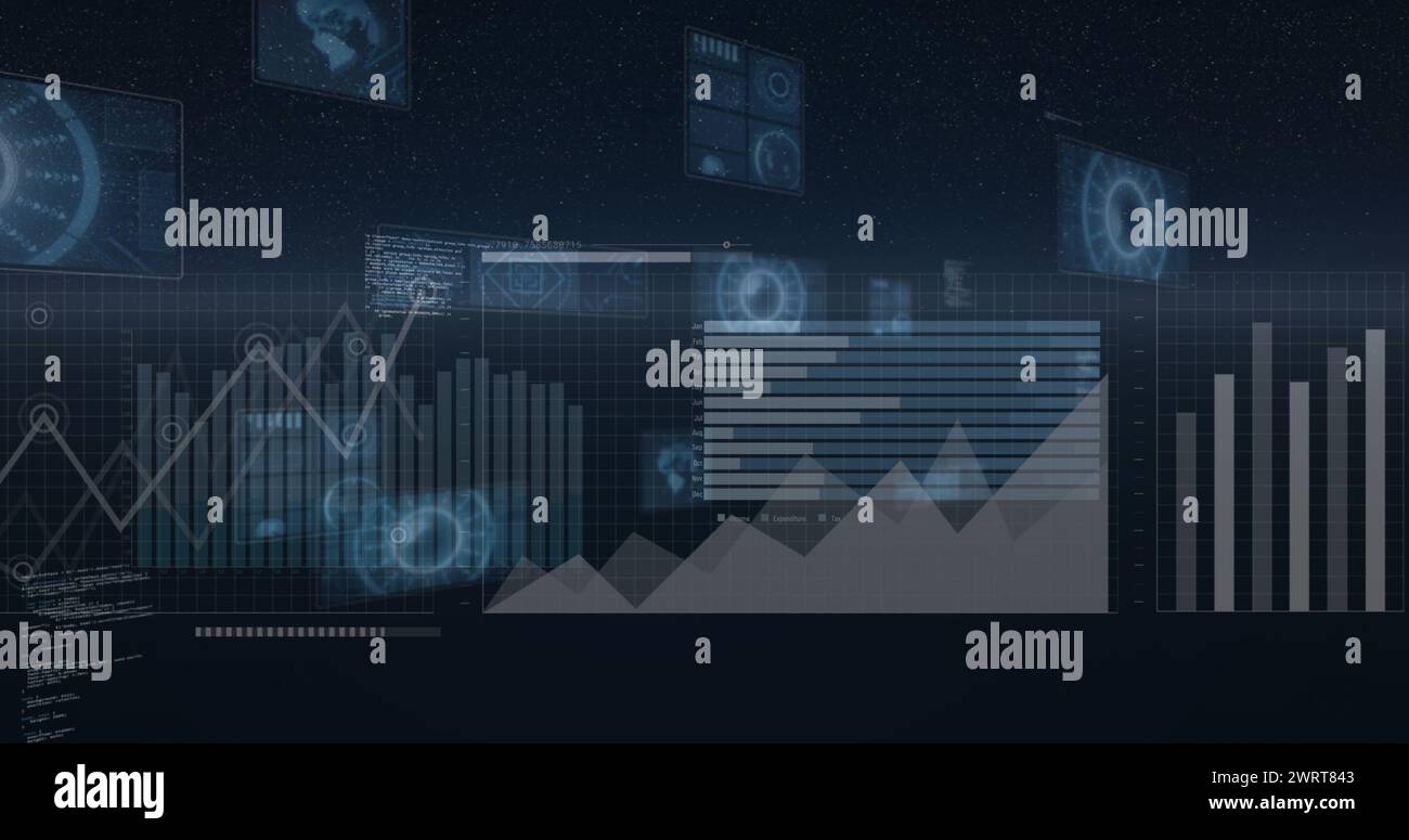 Image of graphs, world map and data processing on dark interface screens Stock Photo - Alamy