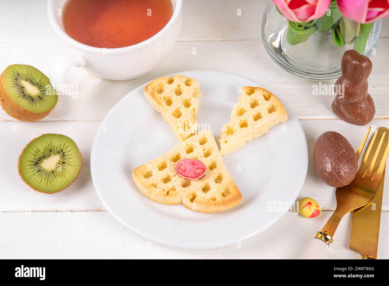 Easter breakfast or brunch. Cute creative decorated soft sweet belgian ...