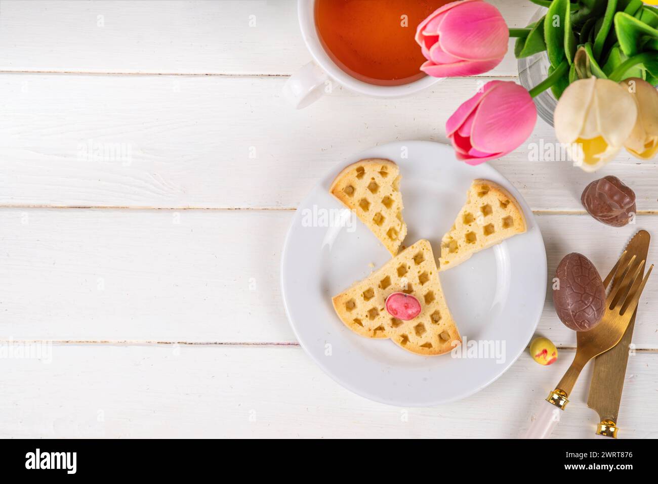 Easter breakfast or brunch. Cute creative decorated soft sweet belgian ...