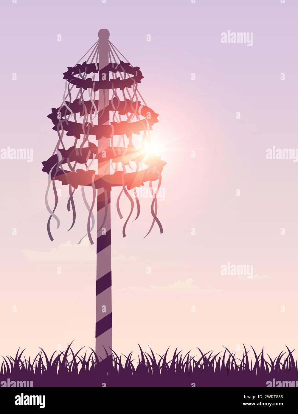maypole with ribbons on meadow silhouette on sunny background vector ...