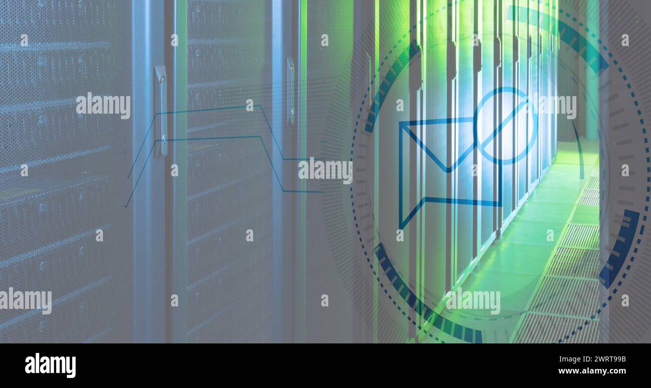 Image of message block icon on round scanner against computer server ...