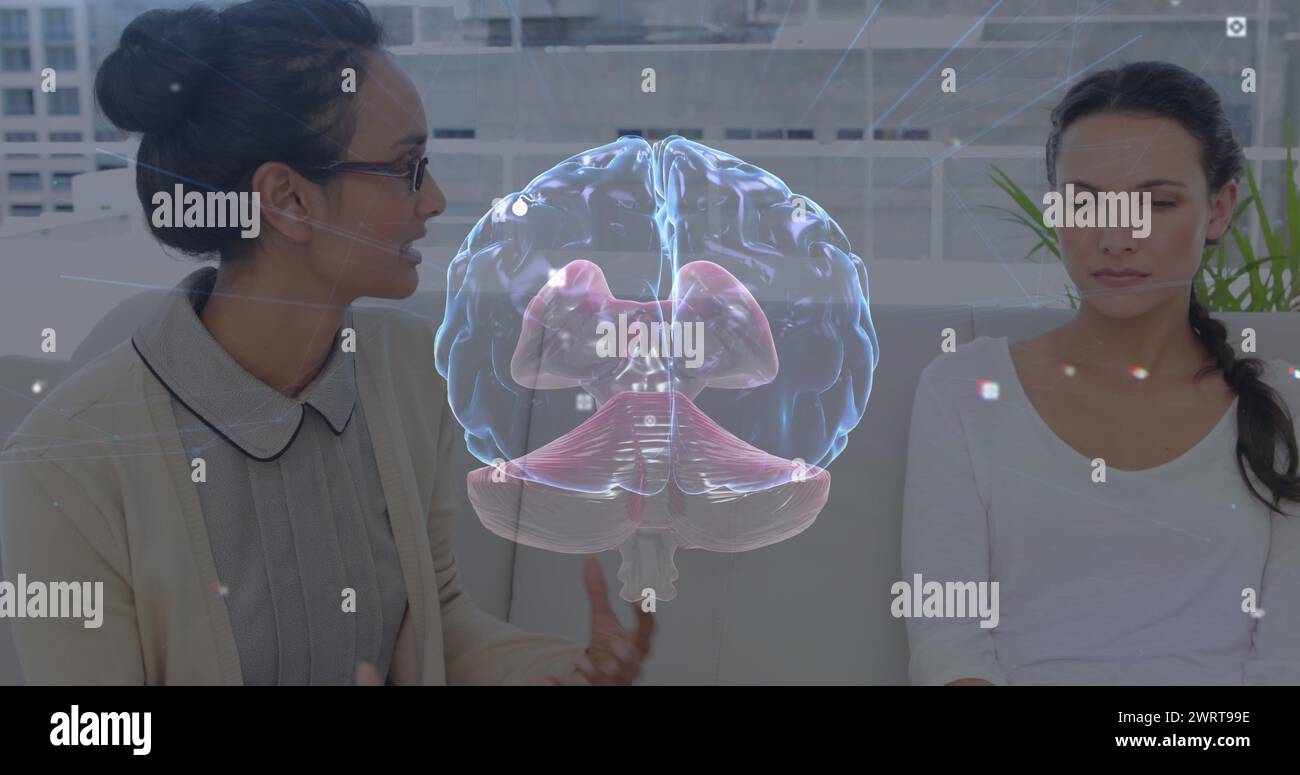 Image of digital brain over caucasian woman consulting psychologist ...