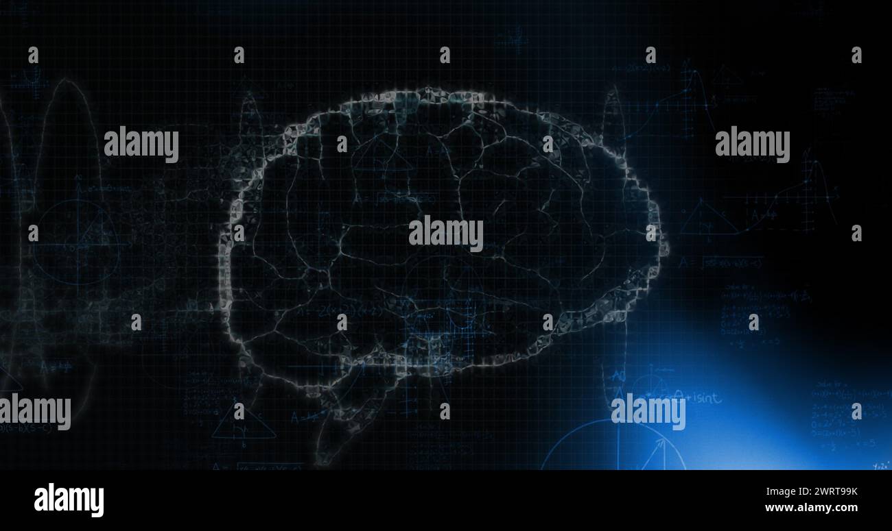 Image of digital brain with mathematical equations on black background ...