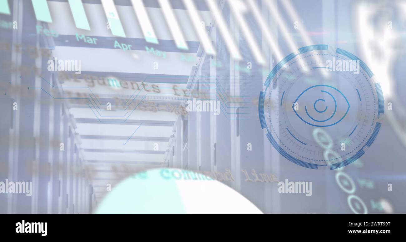 Image of eye retina round scanner and statistical data processing against computer server room ...