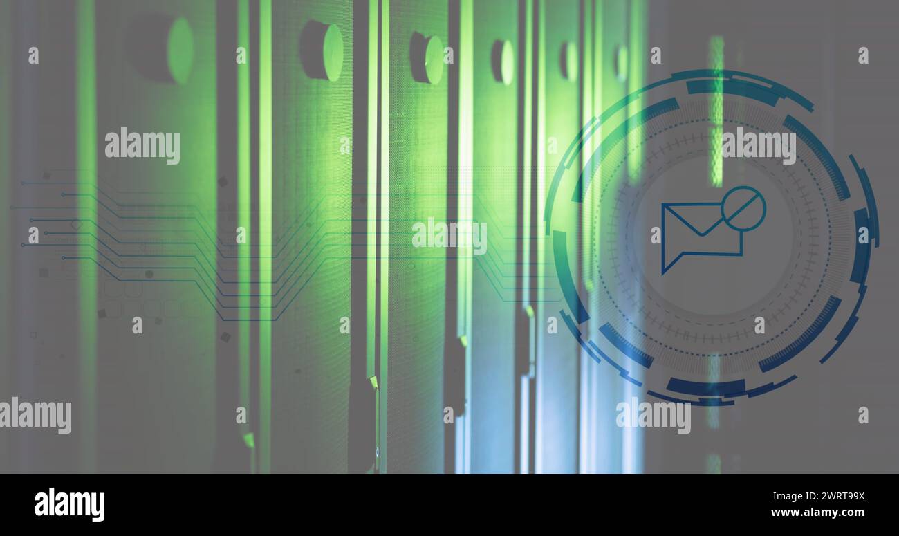 Image of message block icon over round scanner against computer server room Stock Photo - Alamy
