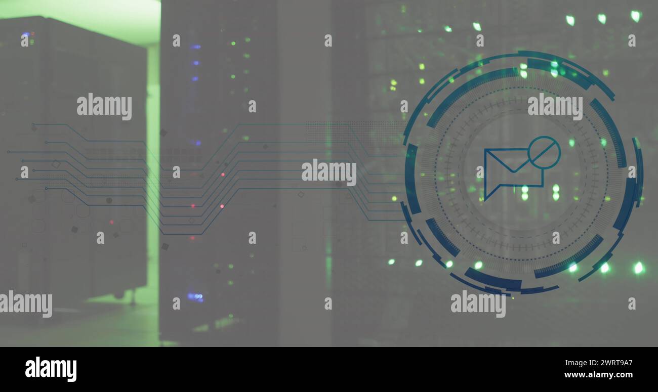 Image of message block icon over round scanner against computer server room Stock Photo - Alamy