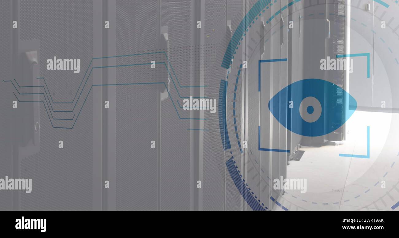 Image of eye retina round scanner and microprocessor connections against computer server room ...