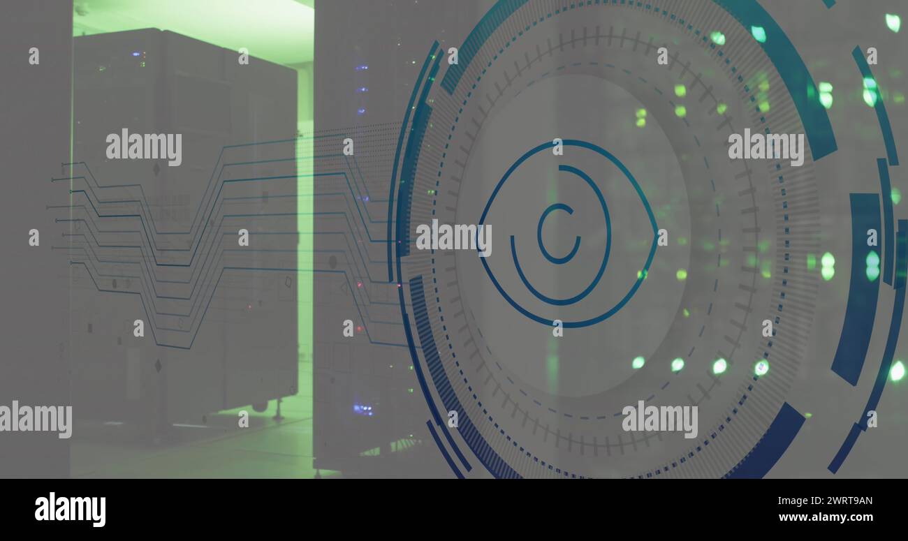 Image Of Eye Retina Scanner And Microprocessor Connections Against Computer Server Room Stock