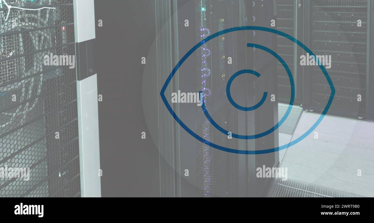 Image of eye retina round scanner against computer server room Stock ...