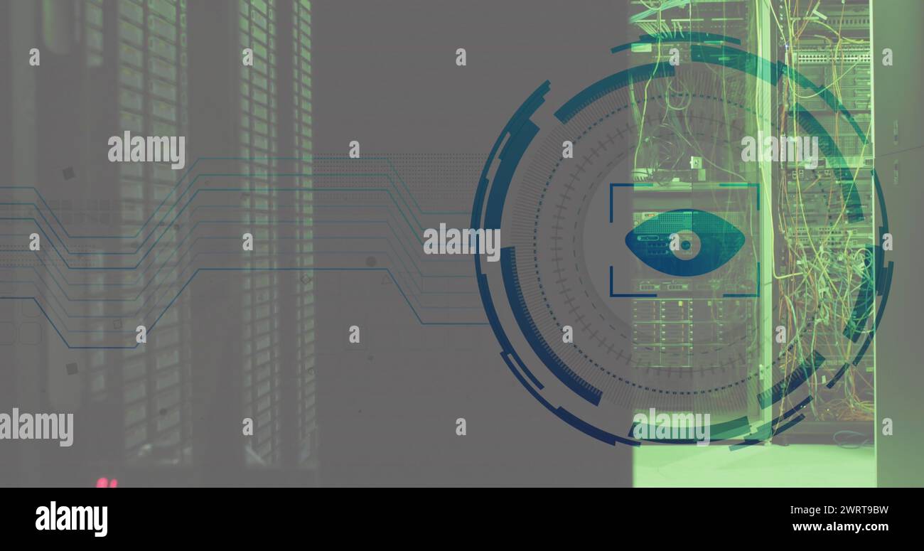Image of eye retina round scanner against computer server room Stock ...