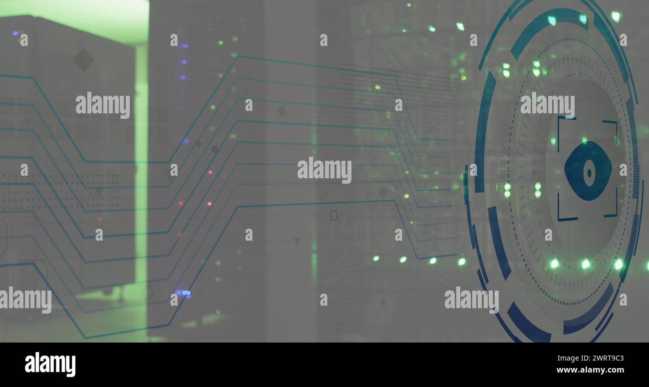 Image of eye retina round scanner and microprocessor connections against computer server room ...