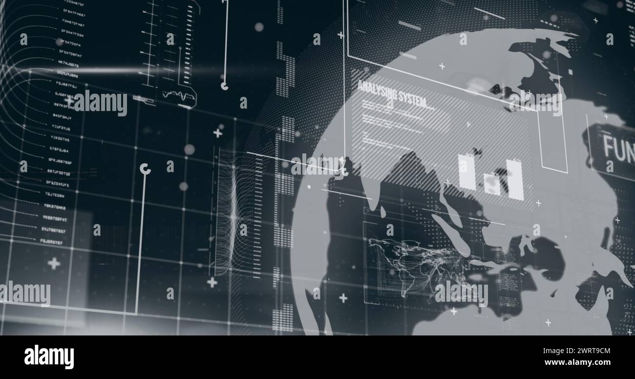 Image of computer language and rotating globe over texts, map, graphs and loading bars ...