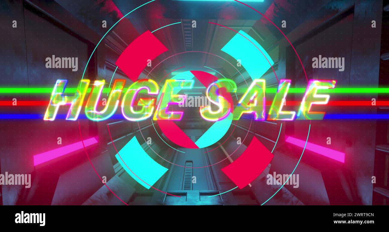 Image of huge sale text and circles over futuristic tunnel in ...