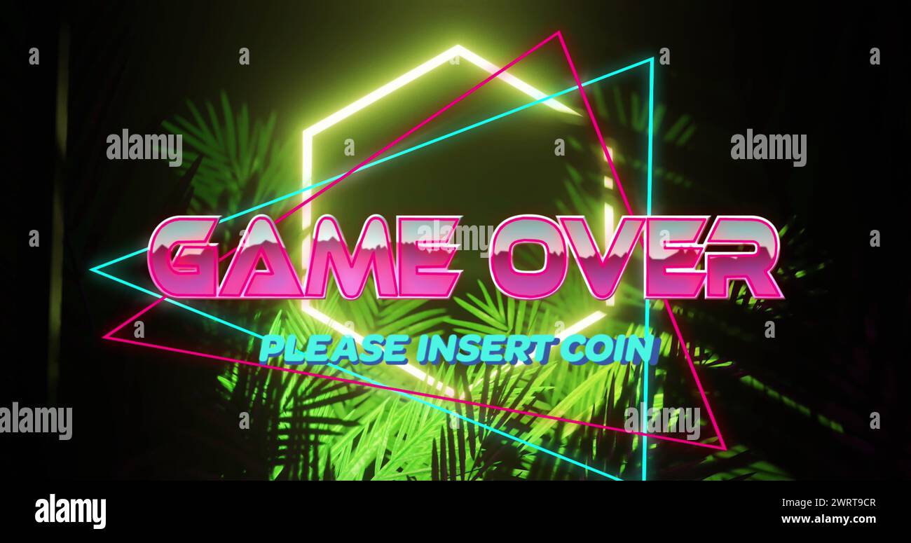 Image of game over and please insert coin text on triangles and hexagon ...