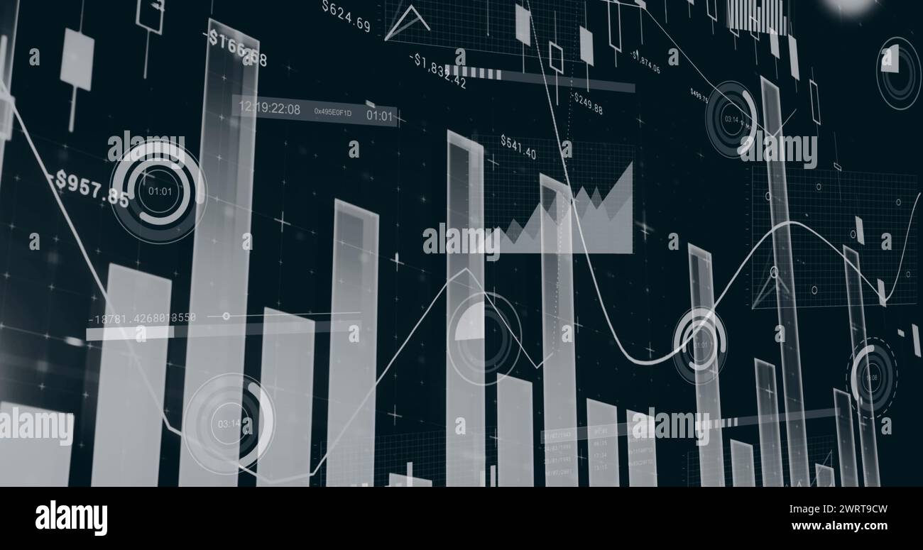 Image of multiple graphs with changing numbers over loading circles against black background ...