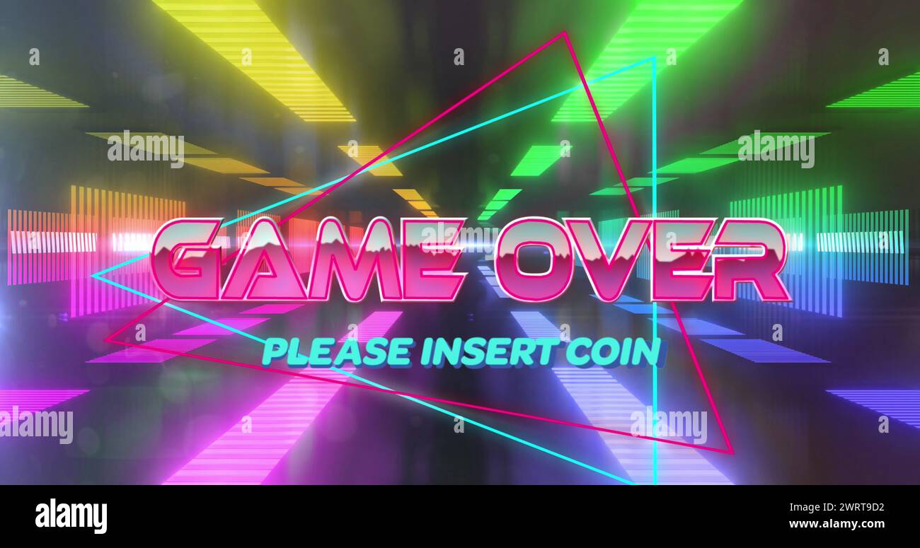 Image of game over text and please insert coin text on triangles over ...