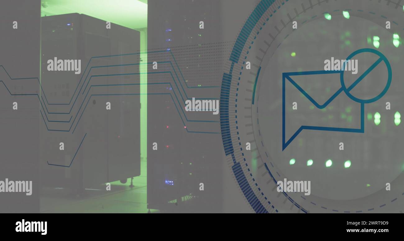 Image of message block icon over round scanner against computer server room Stock Photo - Alamy