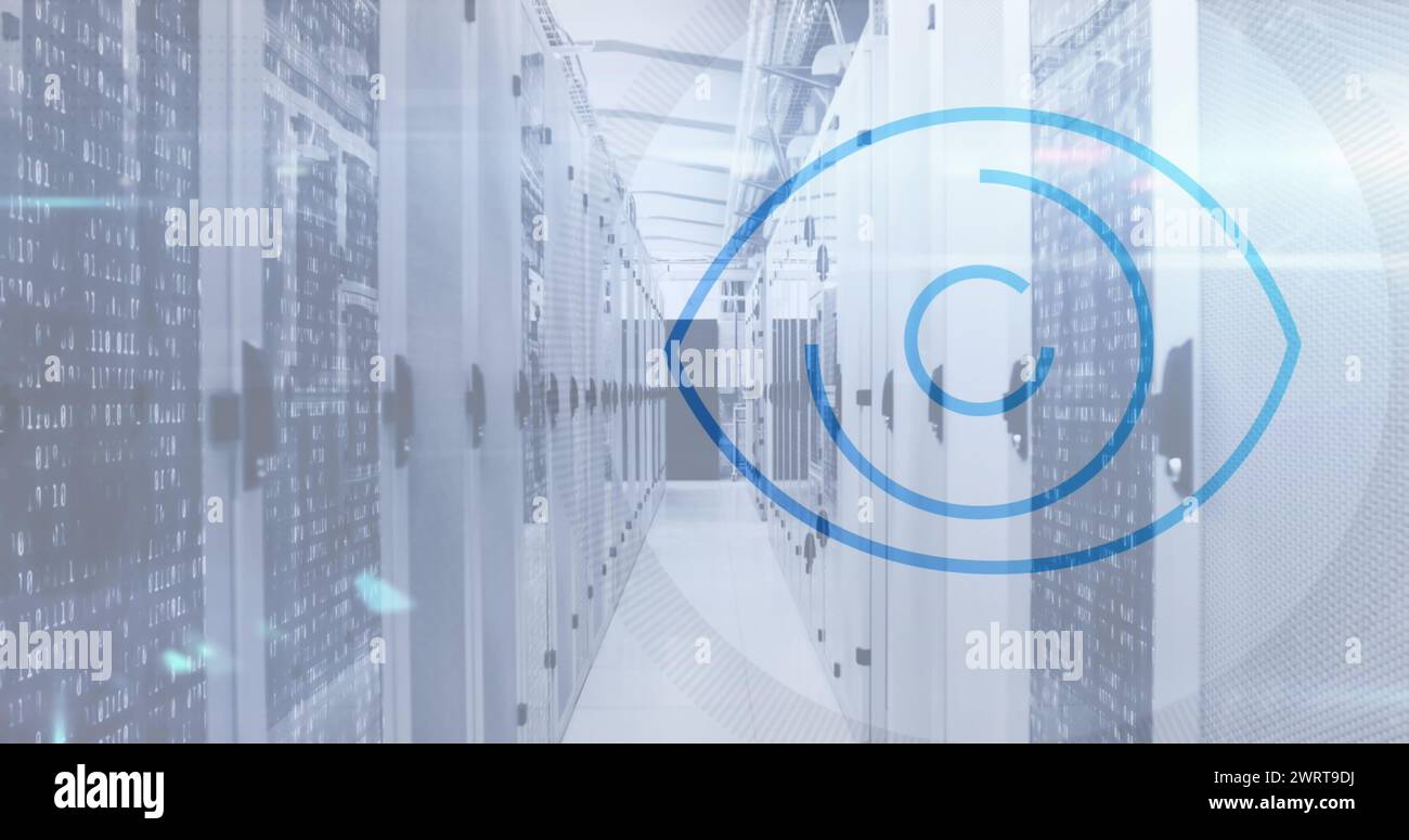 Image of eye retina scanner, mosaic squares and light spot against computer server room Stock ...