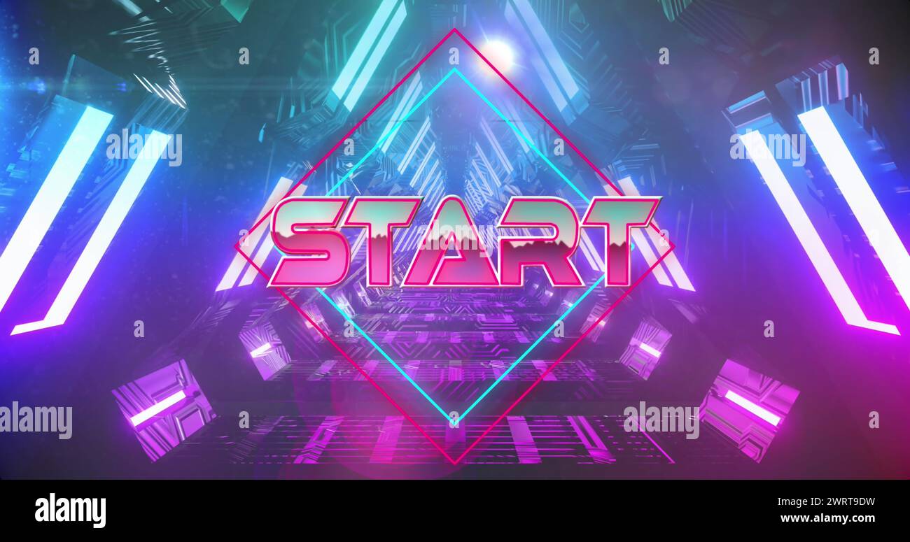 Image of start text on geometric shapes over looping triangular tunnel ...