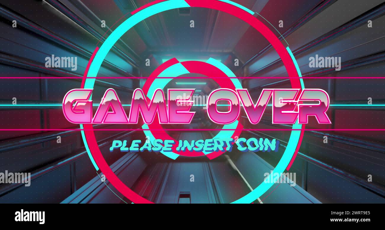 Image of game over and please insert coin text over looping futuristic ...