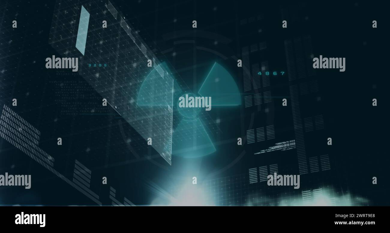 A green nuclear sign and data processing with glitch over a transparent ...