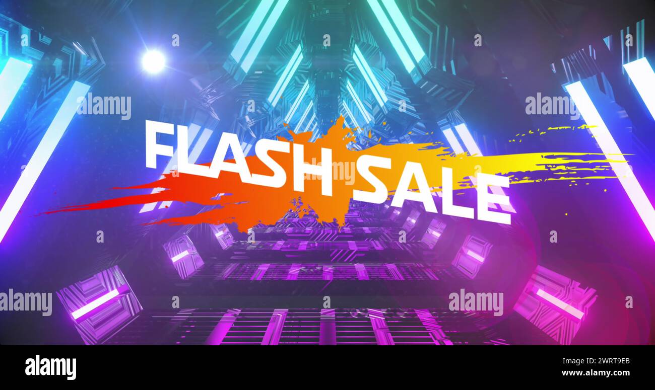 Image of flash sale text on color splash over looping futuristic tunnel ...