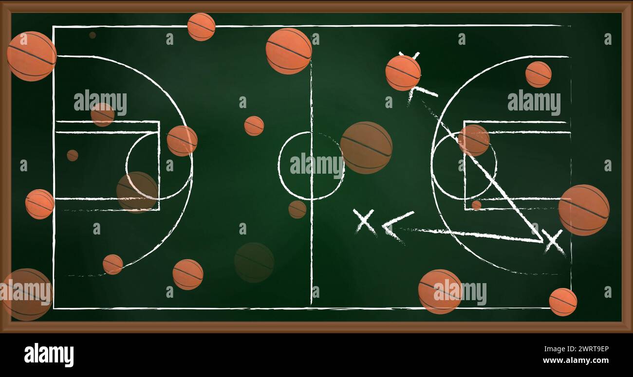 Image of basketballs over drawing of game plan Stock Photo - Alamy