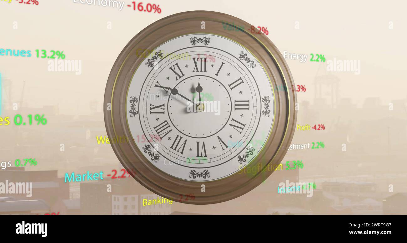 Image of diagrams and stock market with clock over cityscape Stock ...