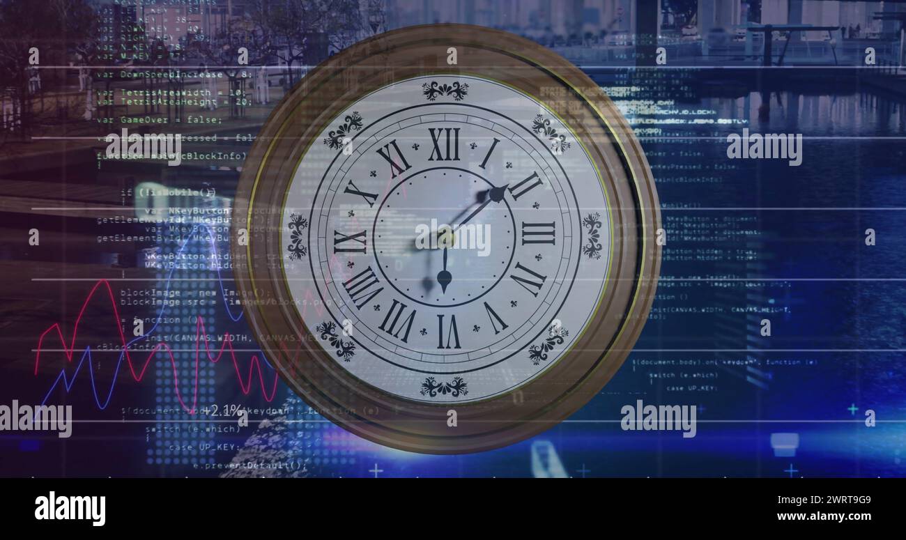 Image of diagrams and data processing with clock over cityscape Stock ...