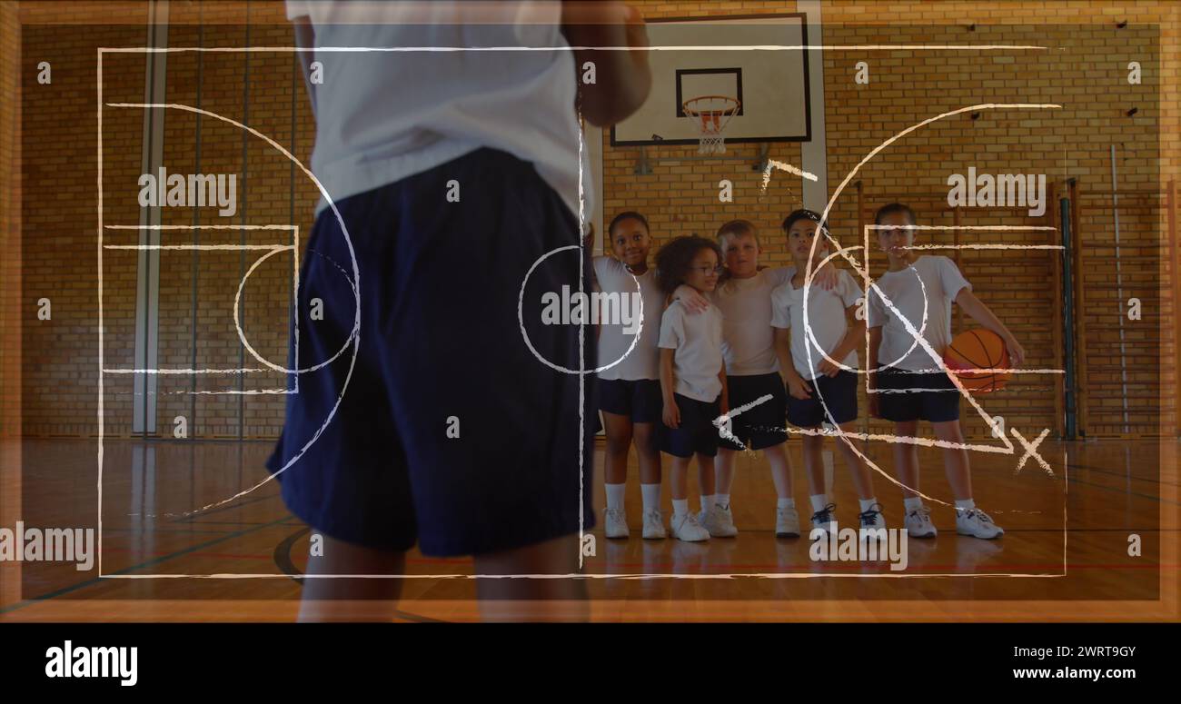 Image of drawing of game plan over diverse children playing basketball ...