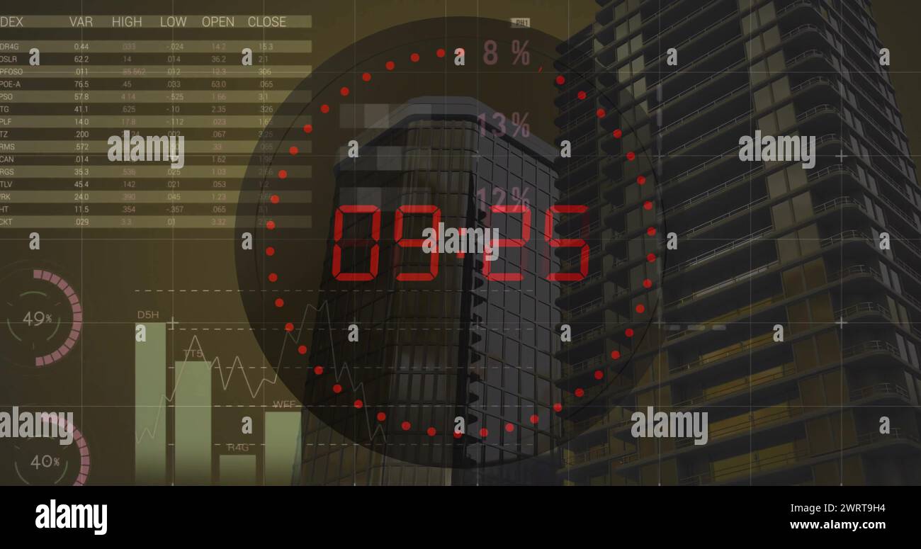 Image of diagrams, data processing and countdown over cityscape Stock ...